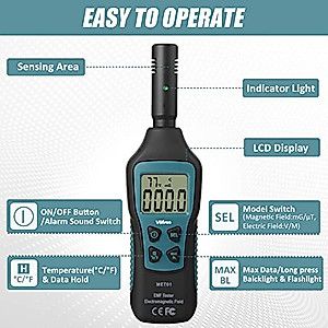 EMF Meter 5HZ-3.5G, Vlifree EMF Detector with Digital LCD Backlit Display for Electromagnetic Field 5HZ-3500MHz, Electronic Radiation, Temperature Detector, EMF Tester for Home, Ghost Hunting