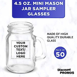 Custom Mason Jar with Handle Set 4.5 oz. Set of 50, Personalized Bulk Pack - Sampler Glasses, Glass Jars for Overnight Oats, Candies, Fruits, Pickles, Spices, Beverages - Clear