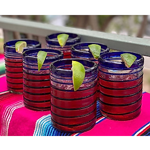 Hand Blown Mexican Drinking Glasses – Set of 6 Tumbler Glasses with Blue Spiral Design (10 oz each) …