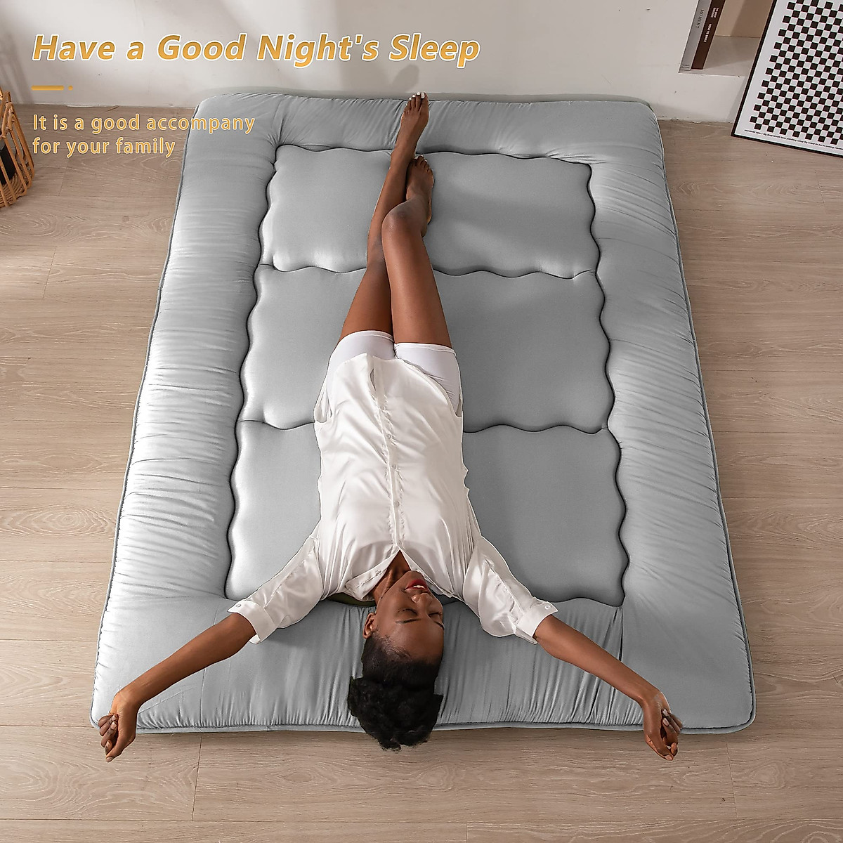 MAXYOYO Japanese Floor Mattress Futon Mattress, Thicken Daybed Futon Roll Up Guest Mattress Thicken Sleeping Pad Foldable Tatami Mat Floor Lounger Bed Couches and Sofas, Grey, Queen