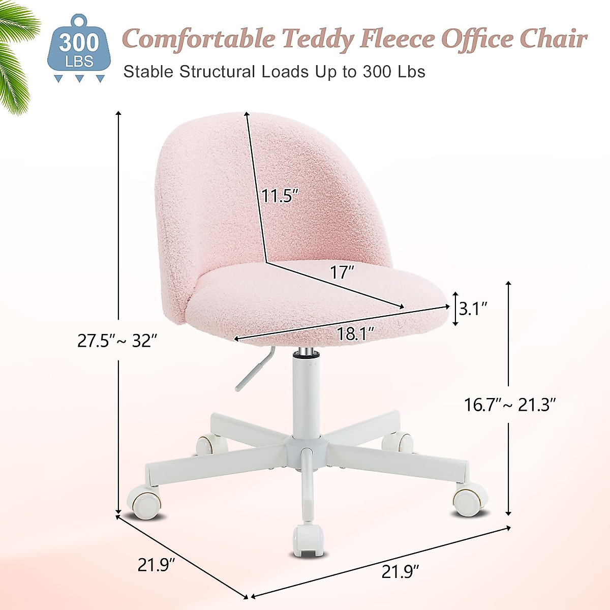 VINGLI Candy Chair Armless Cute Desk Chair,Comfy Small Office Chair with Wheels,Vanity Chair with Lumbar Support,Teddy Adjustable Rolling Swivel Computer Task Chair for Home Office,Bedroom,Gentle Pink