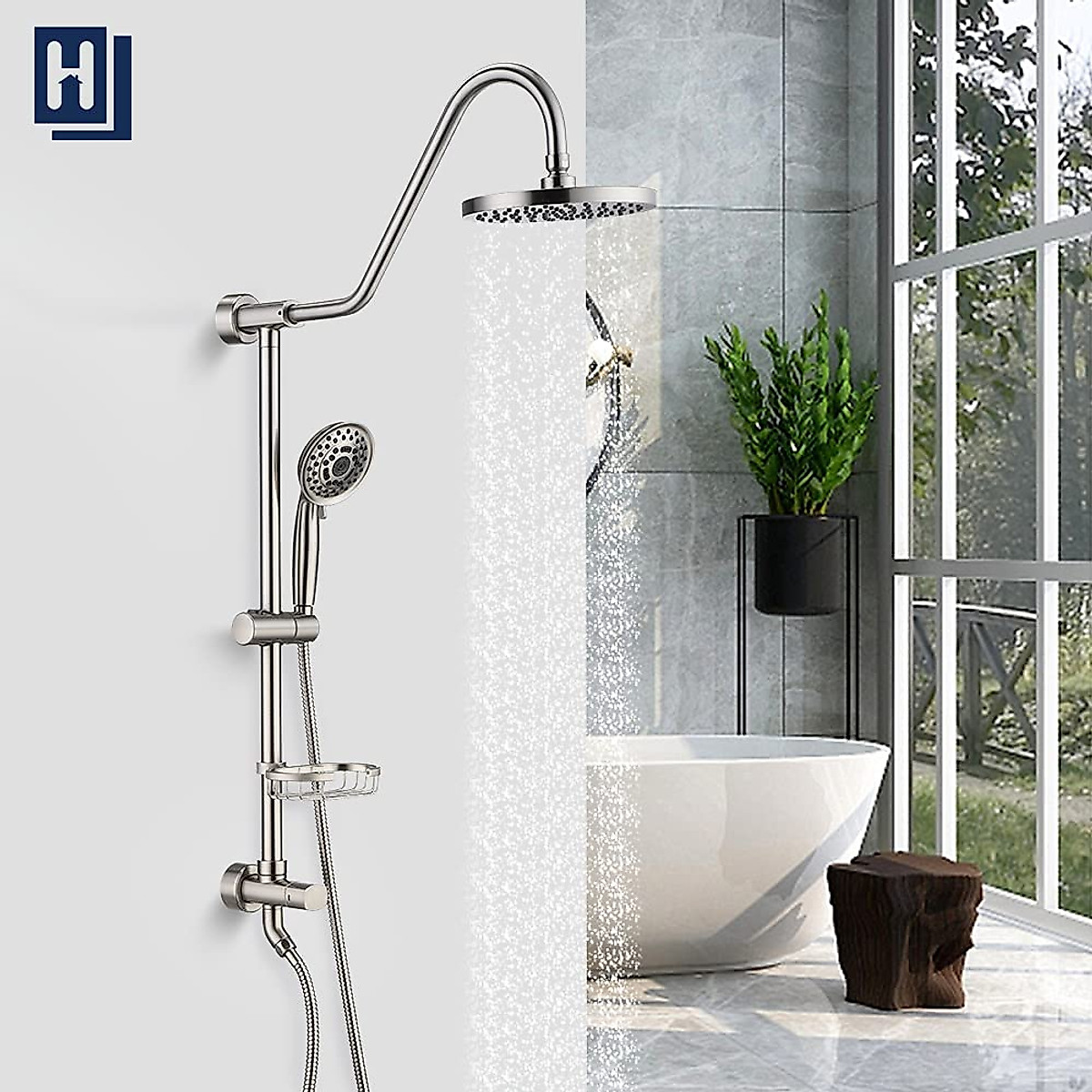 Shower System with 8" Rain Shower Head, 5-Function Shower Head with Handheld, Adjustable Slide Bar, 59" Stainless Steel Hose, Brushed Nickel