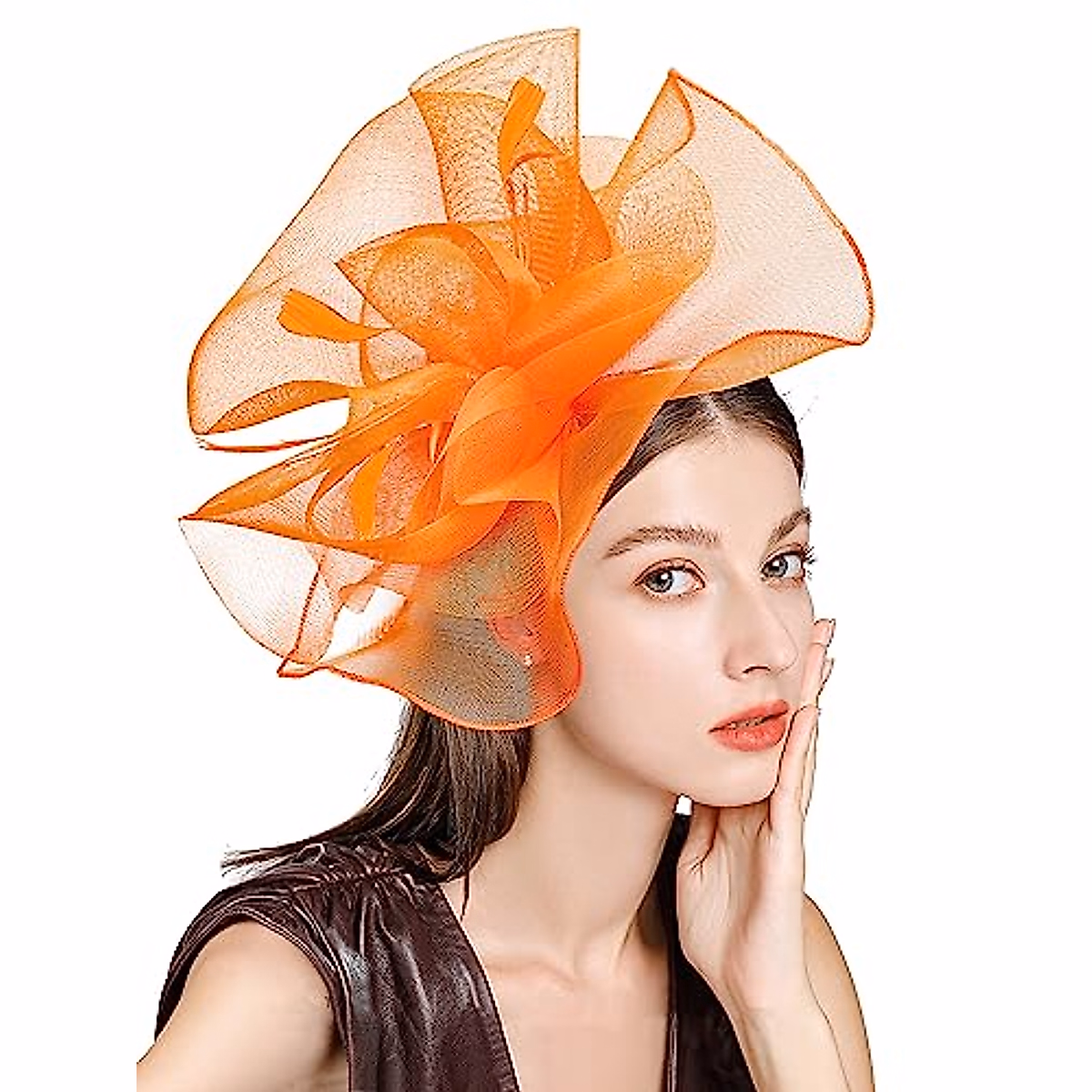 ELLYDOOR Fascinator Derby Hats for Women Large Mesh Veil Fascinator Headband Church Tea Party Pillbox Hat Orange