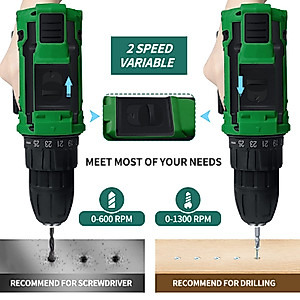 Cordless Drill Driver Set 21V, Power Drill Cordless 23PCS with Batteries 1500mAh, 25+1 Torque Hammer Drill, 3/8" Chuck, 2 Speed, 0-600 RPM/0-1300 RPM Variable Speed, LED Light for Home