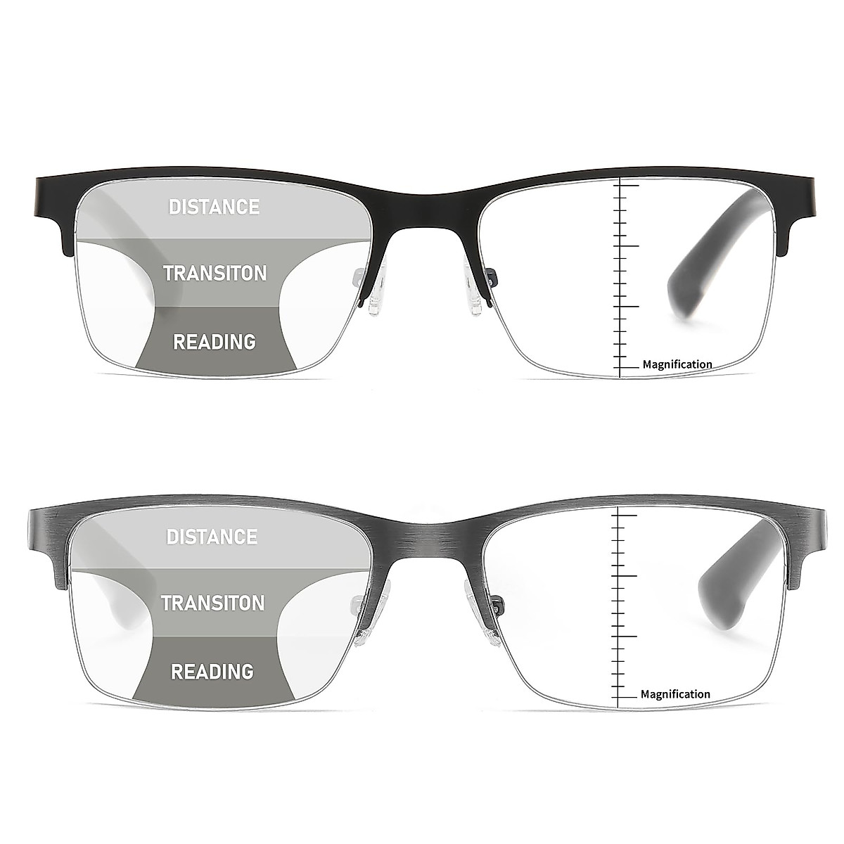 LKEYE Multifocus Reading Glasses Men Progressive Multifocal Blue Light Blocking Computer Reader Half Metal Frame Extra Wide No Line Multi Focus Large Designer Transition Spring Hinge Eyeglasses 1.50x