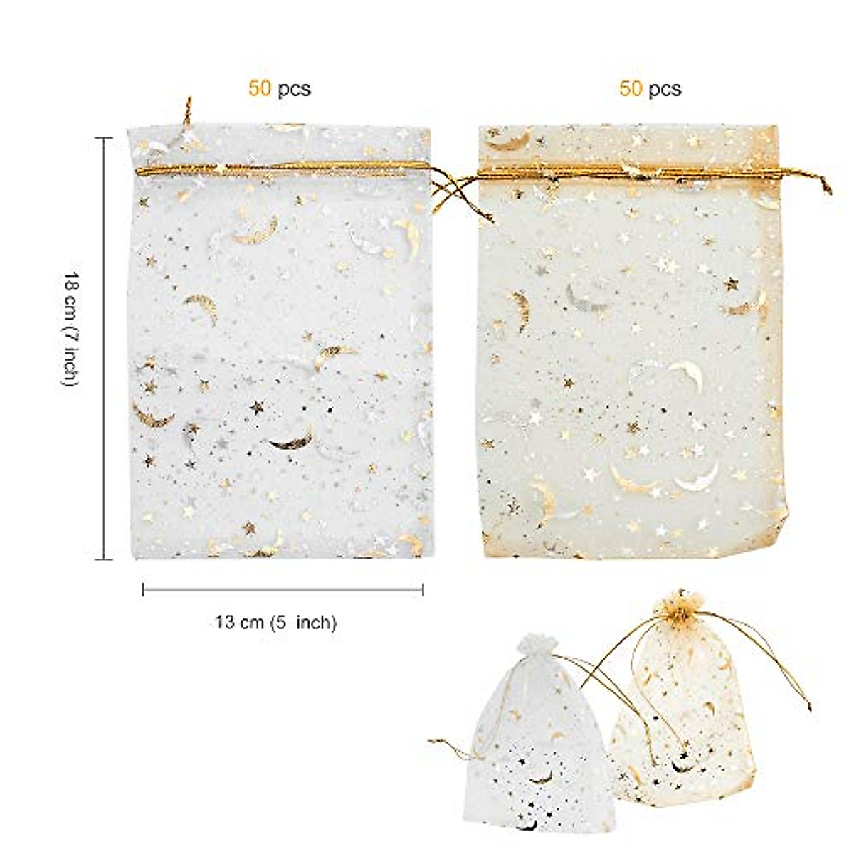 souG Organza Gifts Bags, 5x7 100Pcs Sheer Organza Drawstring Pouches Stars and Moon Wedding Party Favor Jewelry Candy Gift Bags (White and Gold).