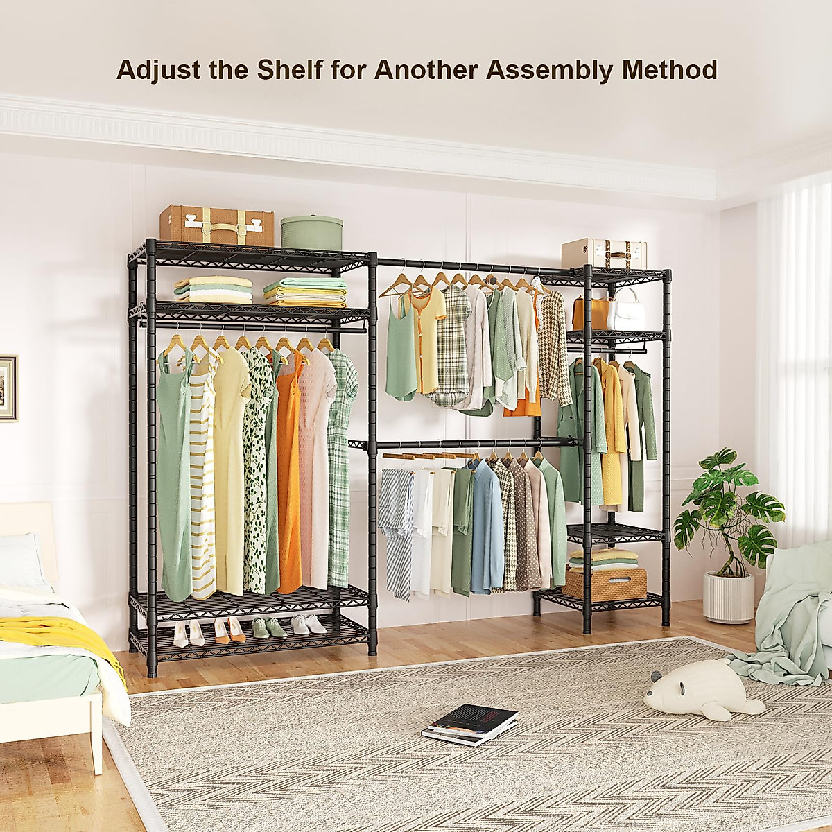 Ulif E11 Heavy-Duty Garment Rack, Metal Freestanding Clothes Rack and Closet Storage Organizer System with 8 Shelves and 4 Hanger Rods, (73.2 - 97.6)"W x 14.5"D x 71.2"H, Load 962 LBS, Black