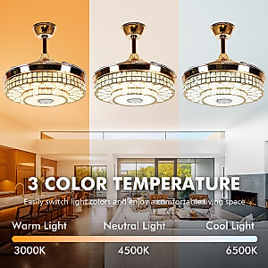 KPIBEST 42 inch Ceiling Fan with Light and Remote Control 3 Lights Levels, Modern Crystal Retractable Chandelier Fans with Bluetooth Music Speaker for Living/Dining Room Bedroom