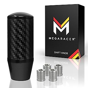 Mega Racer Black Carbon Fiber Shift Knob - Metal Threaded Adapter, Buttonless Automatic, 4 5 6 Speed Manual Transmission, JDM Car Accessories, 1 Pack