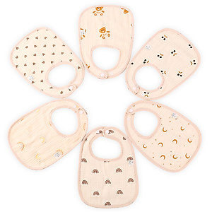 Mom Beebi 6 Pack Muslin Bibs, 100% Cotton Muslin Baby Bibs for Boys & Girls, Unisex Soft & Absorbent Multi-Layer Baby Bibs for Drooling and Teething