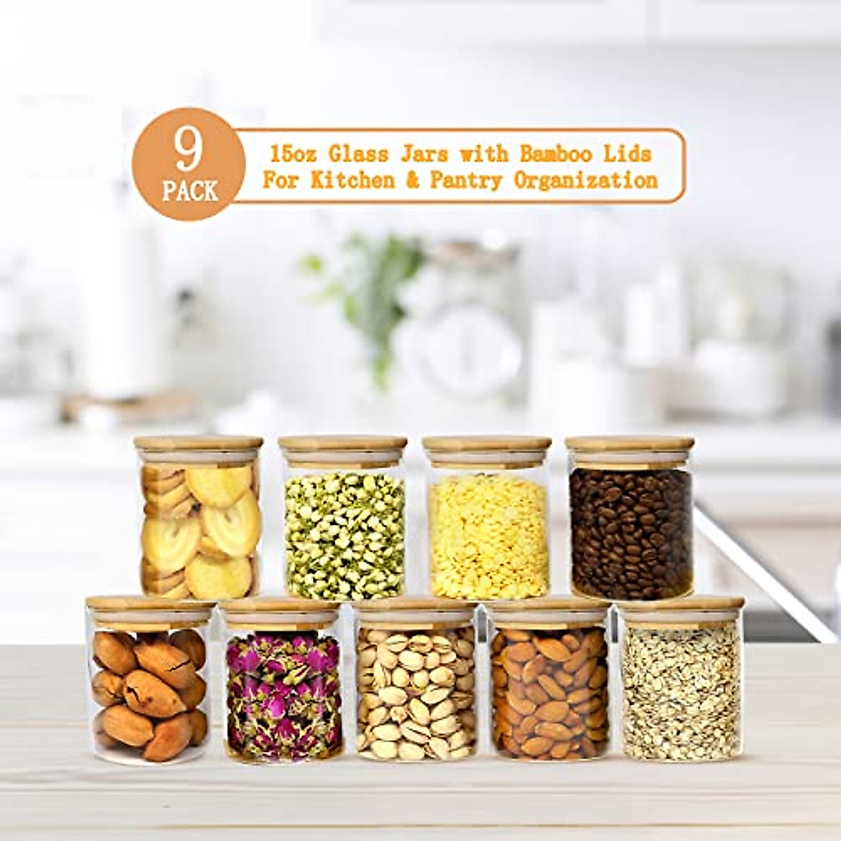 Hoanra 15oz Glass Jars with Airtight Bamboo Lids, Small Food Storage Containers, for Kitchen Pantry Organization Tea Coffee Candy Cookies Nuts（9 Pack）