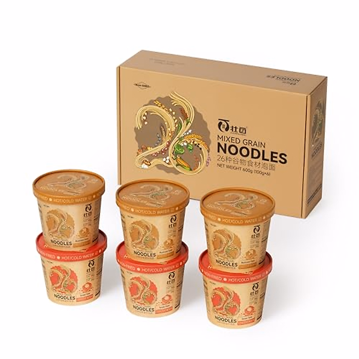 Zhuangmian Vegan Noodles, Non-Fried Ramen Noodles, Flaxseed Oil, Tomato & Mushroom Flavor, Low-Fat High-Fiber, 6-Pack (600g)