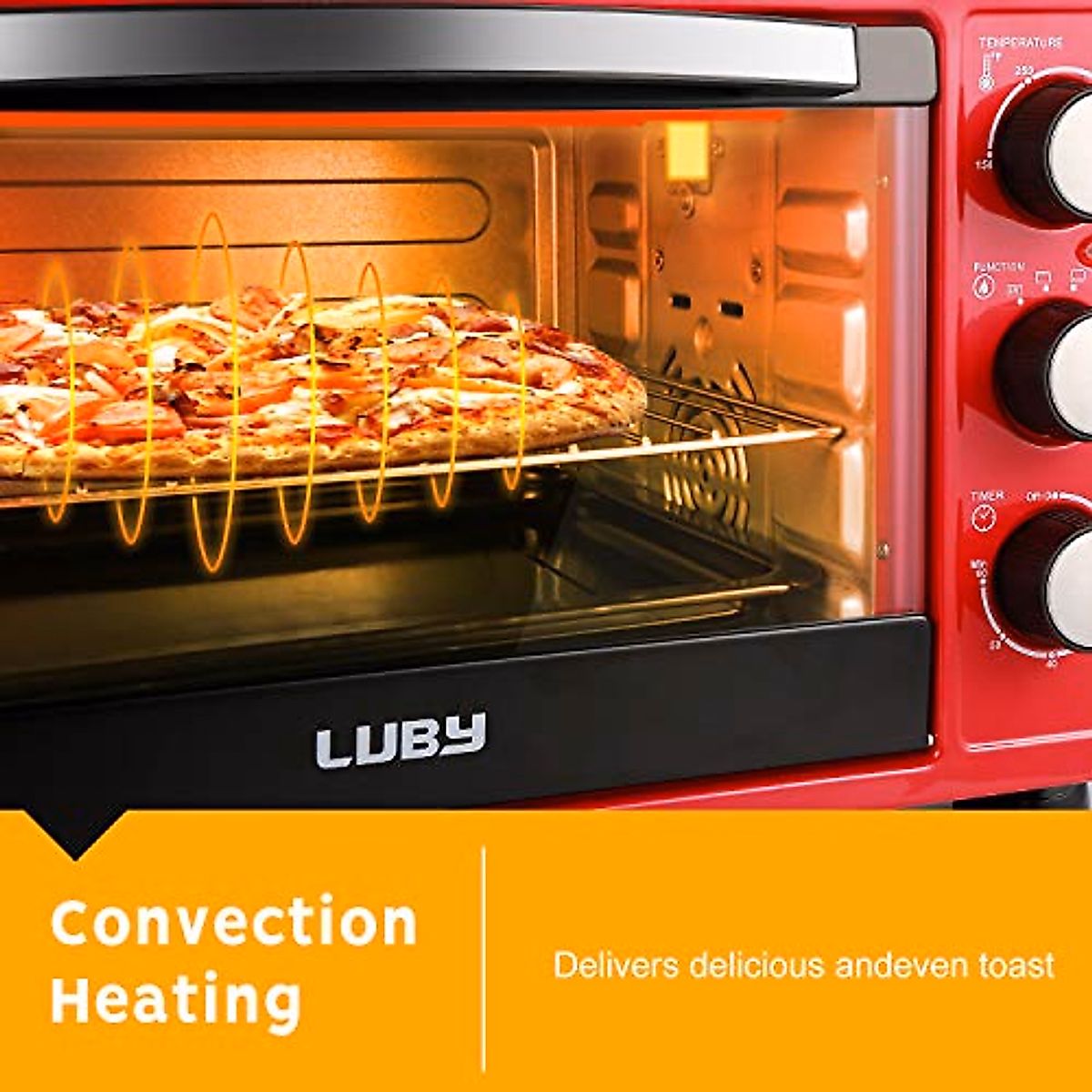 LUBY Convection Toaster Oven with Timer, Toast, Broil Settings, Includes Baking Pan, Rack and Crumb Tray, 6-Slice, Red