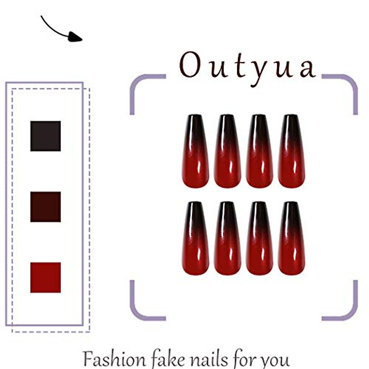 Outyua Halloween Red Black Press on Nails Ombre Coffin Fake Nails Long False nails with Designs Acrylic Witch Ghost Nails for Women and Girls 24Pcs (Red & Black)