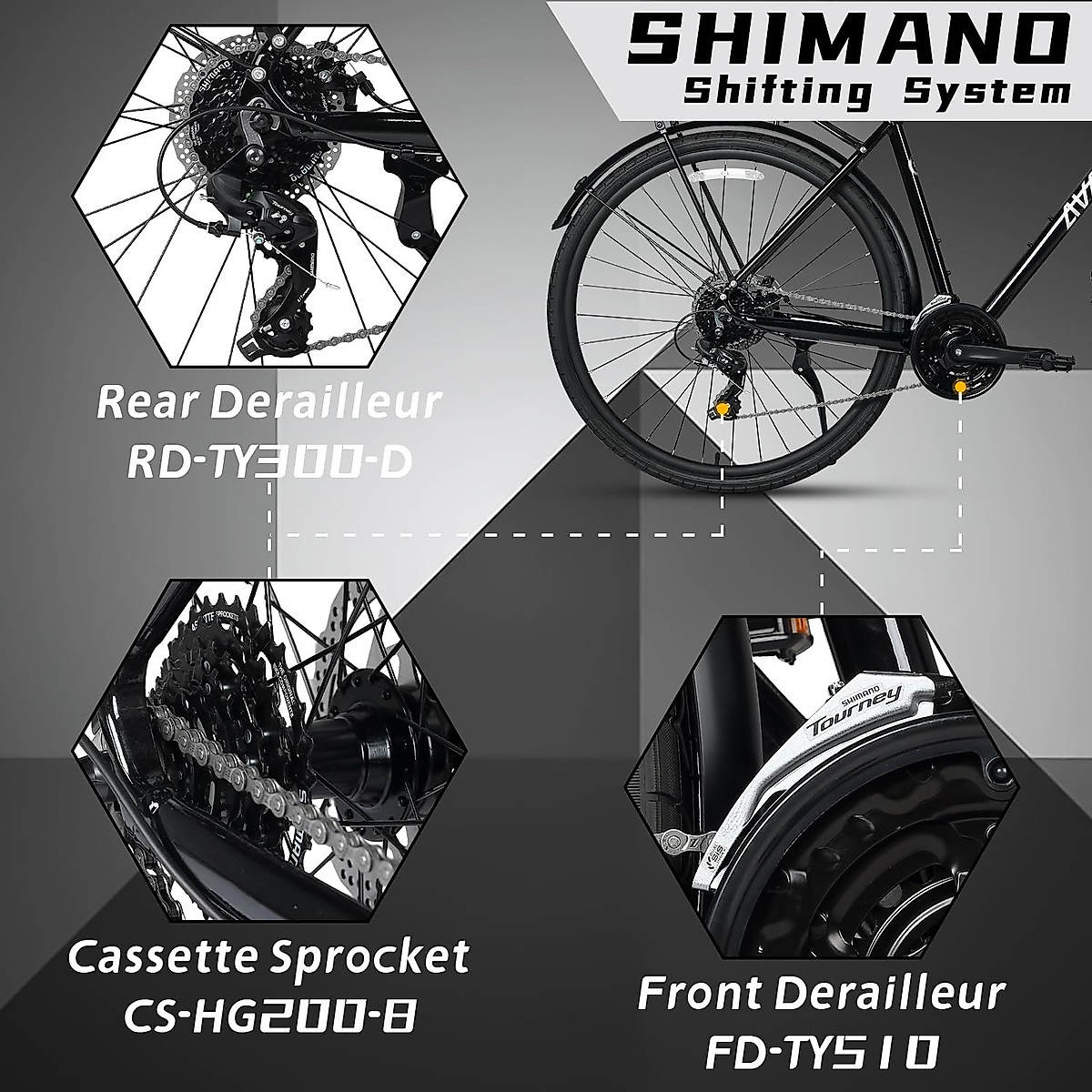 AVASTA Uranus 700C Road Hybrid Bike - Lightweight Aluminum Alloy Frame with 24-Speed Gearing for City Commuting - Rear Cargo Rack, Dual Disc Brakes, and 17 inch Frame - Black Design for Men Woman