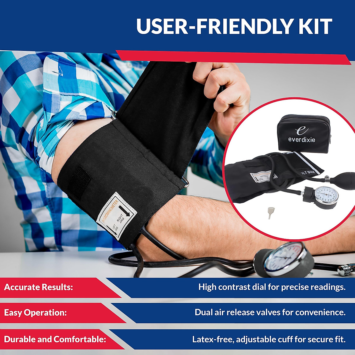 Dixie EMS Deluxe Aneroid Sphygmomanometer Blood Pressure Set W/Adult Cuff, Carrying Case and Calibration Tool - Black