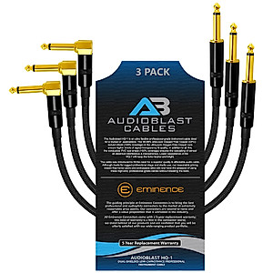 Audioblast - 3 Units - 15 Inch - HQ-1 -Braid (Black) Flexible-Dual Shielded(100%)-Guitar Instrument Effects Pedal Patch Cable w/Eminence Straight & Angled Gold ¼ inch (6.35mm) TS Plugs & Double Boots