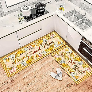 Fall Kitchen Mats, Happy Fall Yall Kitchen Rugs for floor Set of 2, Pumpkins Kitchen Rugs and Mats Non Slip, Autumn Leaves Sunflower Home Sweet Home Decor Gifts for Office Laundry, 17x29+17x47 Inch