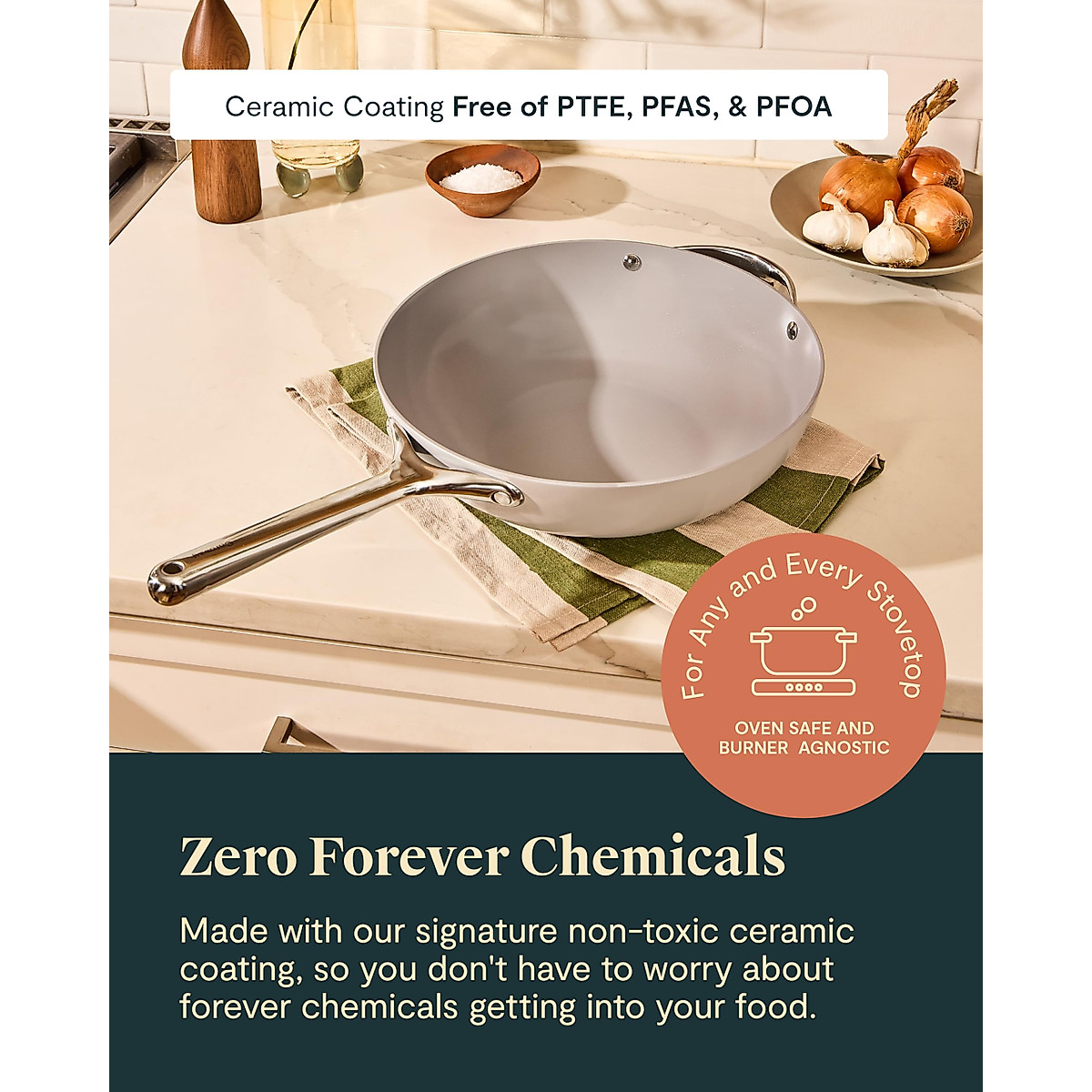 Caraway Non-Stick Stir Fry Pan - 12” Wok-Inspired Pan - Free From Forever Chemicals - High-Sloped Walls - Stainless Steel Handles - Cream