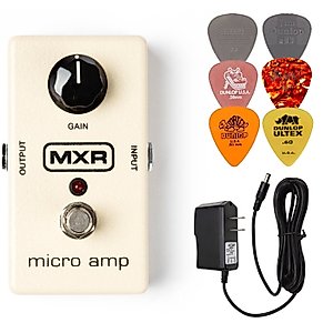 MXR M133 Micro Amp Booster Effects Pedal BUNDLE with AC/DC Adapter Power Supply for 9 Volt DC 1000mA and 6 Assorted Dunlop Guitar Picks �
