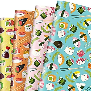 Whaline 12 Sheet Sushi Faces Wrapping Paper Bulk 4 Design Cute Sushi Trendy Gift Wrap Art Paper for Birthday Wedding Baby Shower DIY Crafts Gift Packing Decoration, 19.7 x 27.6 Inch, Folded Flat