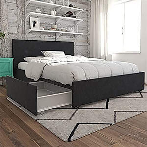 Novogratz Kelly Upholstered Bed with Underbed Storage Drawers and Clean Lined Headboard, Queen, Dark Gray Linen