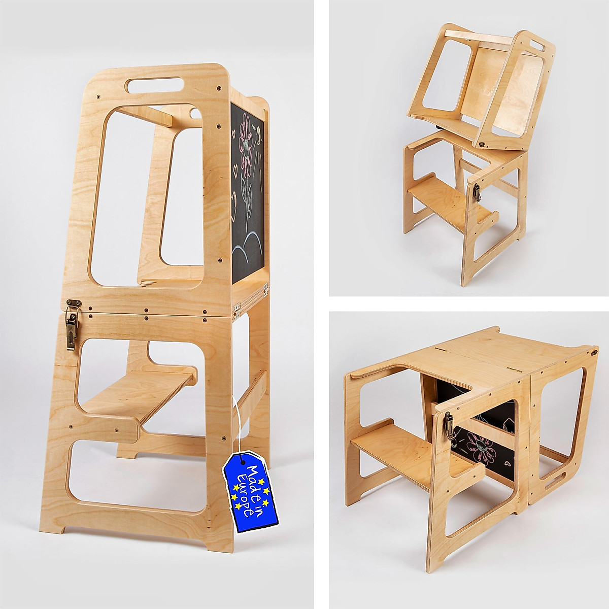 Foldable Montessori helper tower - Table & Chair with Chalkboard All-In-One (Natural lacquered)