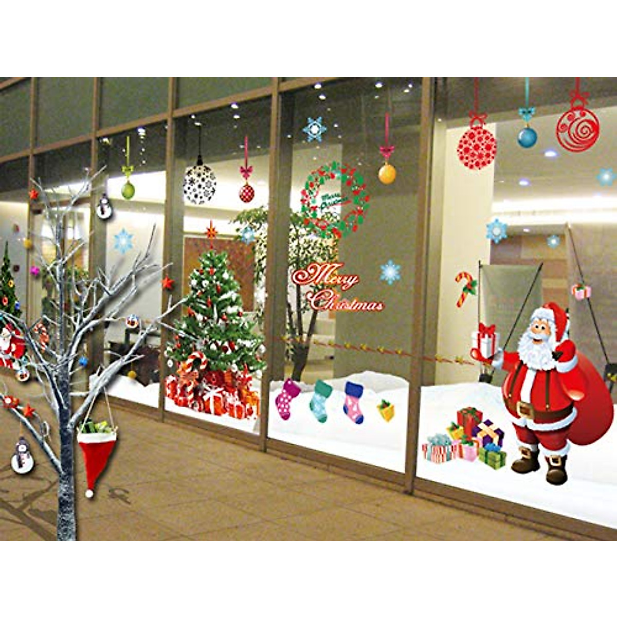LONGTEN Christmas Windows Static Stickers Clings Santa Claus Snowman Deer Snowflake Removable Vinyl Christmas Tree DIY Wall Window Door Mural Decal Sticker for Showcase