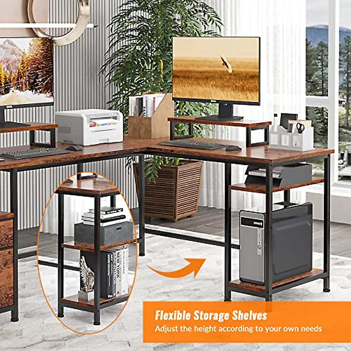 Furologee 66" L Shaped Computer Desk with Shelves, Corner Gaming Desk with File Drawer and Dual Monitor Stand, Large Home Office Desk Writing Study Table Workstation, Rustic Brown