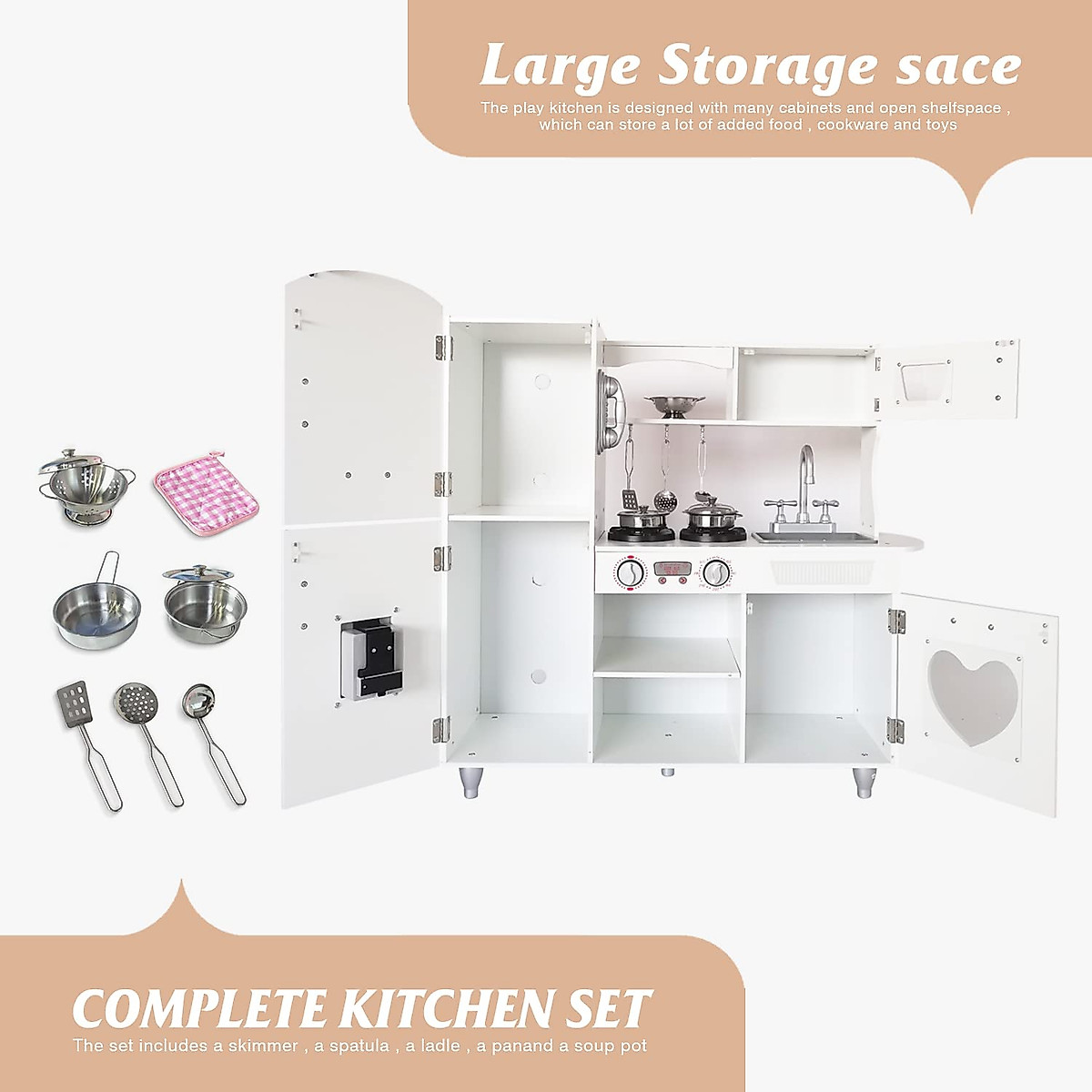 TaoHFE LED Upgrade Kitchen Set for Kids Wooden Play Kitchen LED Gas Tray with Sound Toy Kitchen Sets for Girls Gift Enjoy Cooking with Lights and Sounds White Kitchen for Toddlers Kids Kitchen Playset