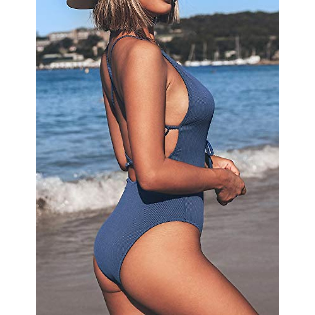 CUPSHE Women's Solid Color V Neck Lace Up One Piece Swimsuit, Blue, XL