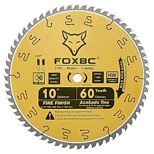 FOXBC 10 Inch Thin Kerf Fine Finish Crosscut Table Saw Blade, 60-Tooth ATB, with 5/8-Inch Arbor