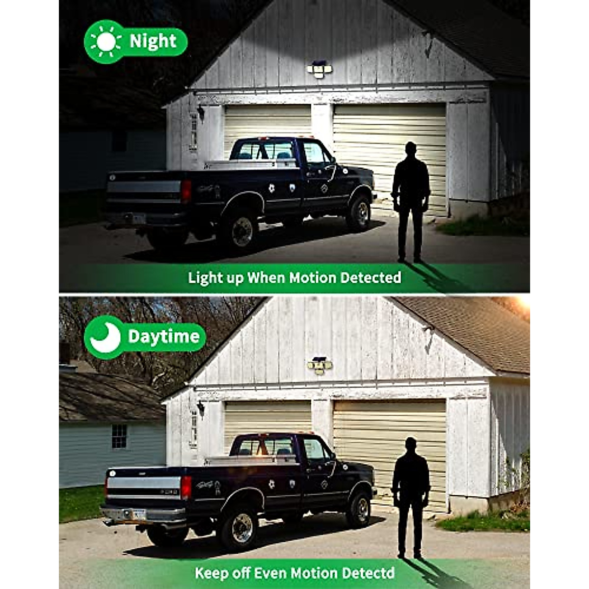 VORZU Solar Motion Light Outdoor, LED Security Flood Lighting with 3 Modes, Dusk to Dawn Sensor Luminaires Waterproof Exterior Wall Lamp for Garage, Garden, Yard, Patio and Porch, 2 Pack