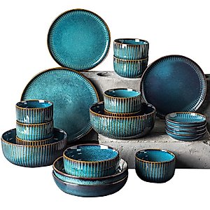 Fine Dinnerware Set,Dinnerware Set,Blue Porcelain Dinnerware Sets, Ceramic Plates and Bowls Dinner Sets, Modern Creativity Reactive Glaze Stoneware Dishes Set for Kitchen/Dining,28 piece (serving 8 pe