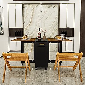 HSSZXFR Folding Dining Table with 2 Chairs, Space Saving Dining Table Folding Dining Table with Storage Drawer Drop Leaf Table Extension Dinner Table for Kitchen,Dining/Living Room,Office,Patio Party