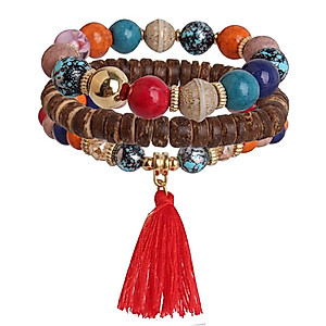 Hicdaw 6 Sets Stackable Bracelets for Women Colorful Bohemian Bracelets Hippie Jewelry Tassel Stretch Bracelet Set Gifts Bracelets for Women Beaded Bracelet