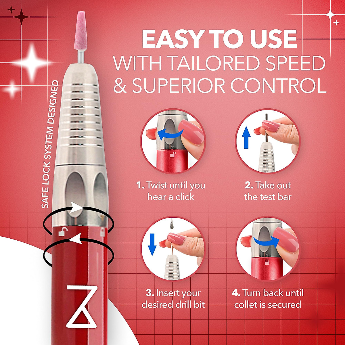 M Max - Nail Drill Professional - 2-in-1 Brushless Motor Nails Drill Machine - Electric, Cordless, Aluminium Alloy Casing, 35000 RPM, HD Display - Perfect for Salon & Home Use (Red)