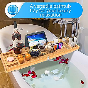 Luxury Bamboo Bathtub Caddy Tray, 1-2 Person SPA Bath and Bed Time, Adjustable Bathroom Bath Tub Organizer with Extending Sides Wine Glass Holder Book or Tablet Stand, Gift Bath Accessories for Women