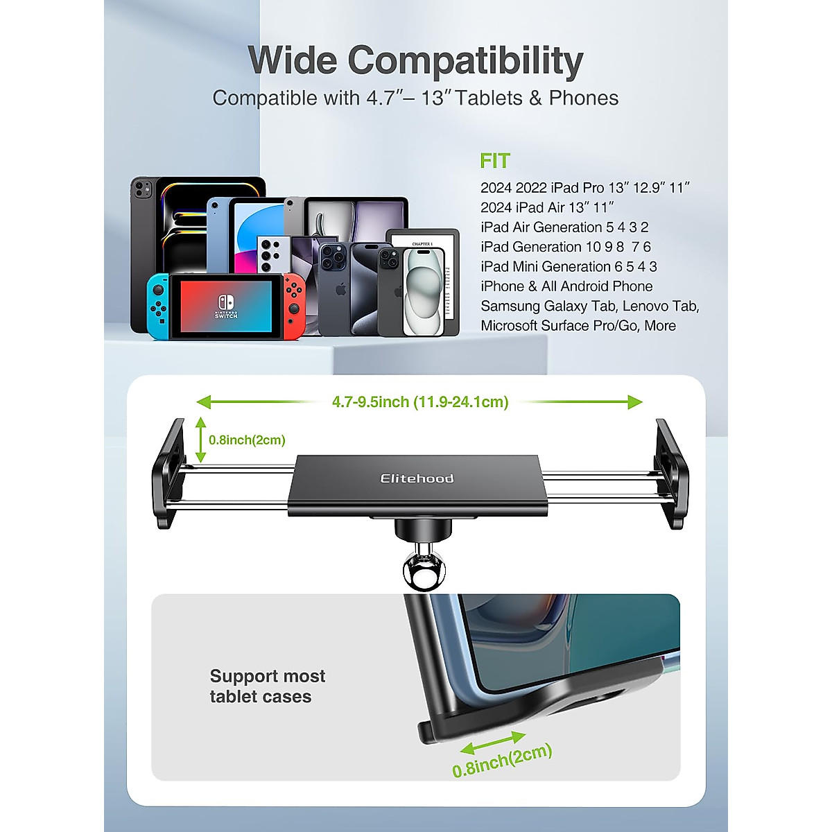 elitehood Metal iPad Mic Stand Holder, 360° Swivel Tilt Microphone Stand Phone Holder Mount, Aluminum Tablet Clamp Adapter for All Phone, iPad Pro 12.9/11, iPad, iPad Mini Air and More 4-12.9" Tablet