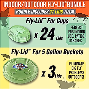 Billy-Bob Fly Lid - Indoor Outdoor Eco Friendly Fly Control Pack - Includes 24 Fly-Lids for Disposable Cups and 3 Fly-Lids for 5 Gallon Buckets