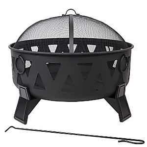 Sunnydaze 25-Inch Steel Wood-Burning Fire Pit with Mesh Stripe Cutouts - Includes Poker and Spark Screen