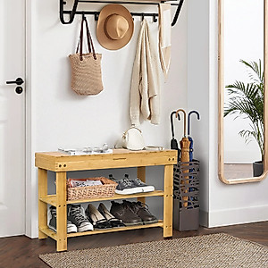 BAMBUROBA Shoe Rack Storage Bench Bamboo Organizer Entryway Organizing Shelf with Storage Drawer on Top, Natural