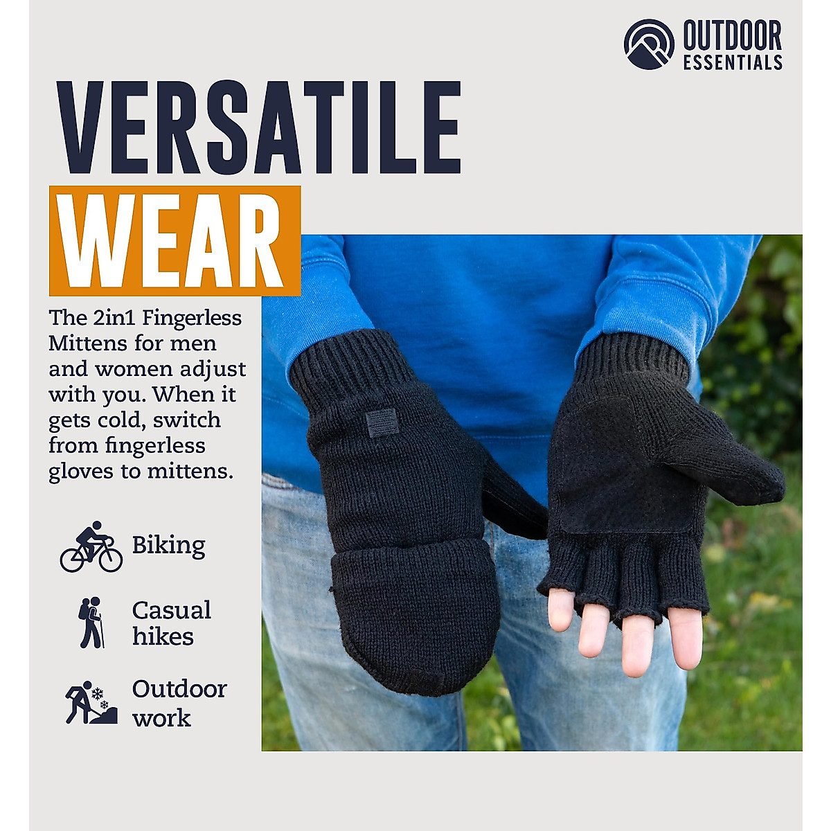 OutdoorEssentials Fingerless Winter Gloves Convertible Mittens for Men & Women - Warm Knit Flip Top Wool Mitten Gloves