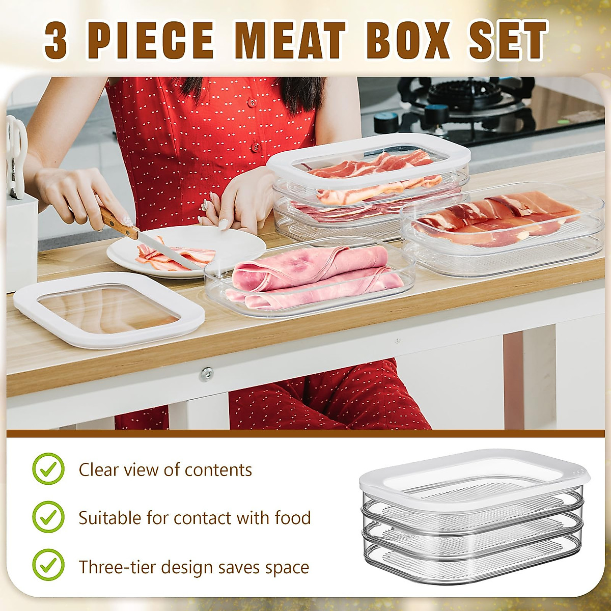 Tioncy 2 Pcs Deli Meat Container Fridge Bacon Container for Refrigerator Stackable Food Storage Boxes with Lid for Deli, Lunch Meat, Cheese and Meal
