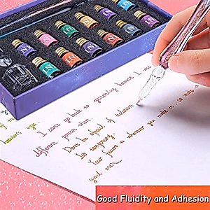 OFUN Glass Pen and Ink Set, Beginners Calligraphy Dip Pens for Art Drawing, Gift Card Writing, Rainbow Crystal Kit with 2 Pcs Pens, 12 Gold Powder Inks, Cleaning Cup, Holder