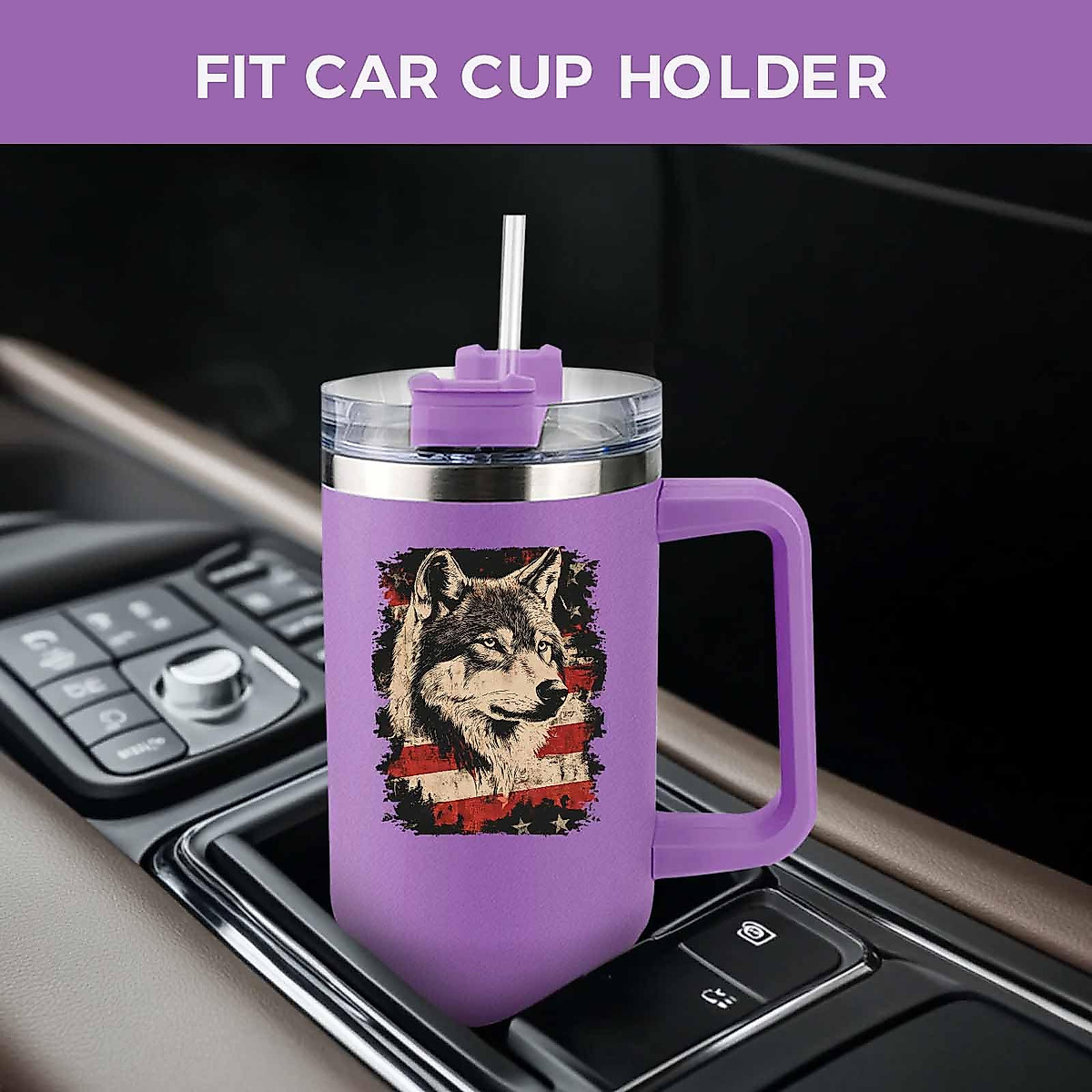 40 Oz Insulated Tumbler with Handle and Straw,Patriotic Wolf Stainless Steel Vacuum Insulated Travel Mug,Leak-proof Water Bottle Iced Coffee Cup,Vintage American Flag Animal