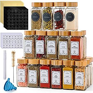24 Pcs Spice Jars with Labels - 4 oz Glass Spice Jars with Bamboo Lids, Minimalist Farmhouse Spice Labels Stickers, Collapsible Funnel, Seasoning Storage Bottles for Spice Rack, Cabinet, Drawer
