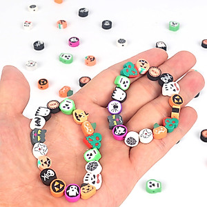 MAIOUSU STORE 200PCS Random Halloween Polymer Clay Beads Heishi Spacer Beads Fall Halloween Clay Bead Set Assorted Pumpkin Ghost Spider Bat Clay Beads for Bracelet Necklace Earring DIY