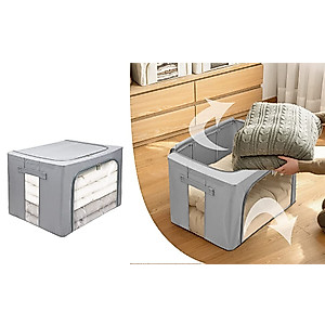 Stackable Clothes Storage Box for Clothing Gadgets,Steel Frame Storage Bins for Bedding Blankets Toys Gift,Foldable Oxford Fabric Closet Organizer Bag Set with Carry Handles and Clear Window (Large- 66L x3 Pack, Grey)