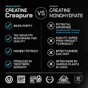 Muscle Feast Creapure Creatine Monohydrate Powder, Vegan Keto Friendly Gluten-Free Easy to Mix, Mass Gainer, Muscle Recovery Supplement and Best Creatine for Muscle Growth, Unflavored, 300g